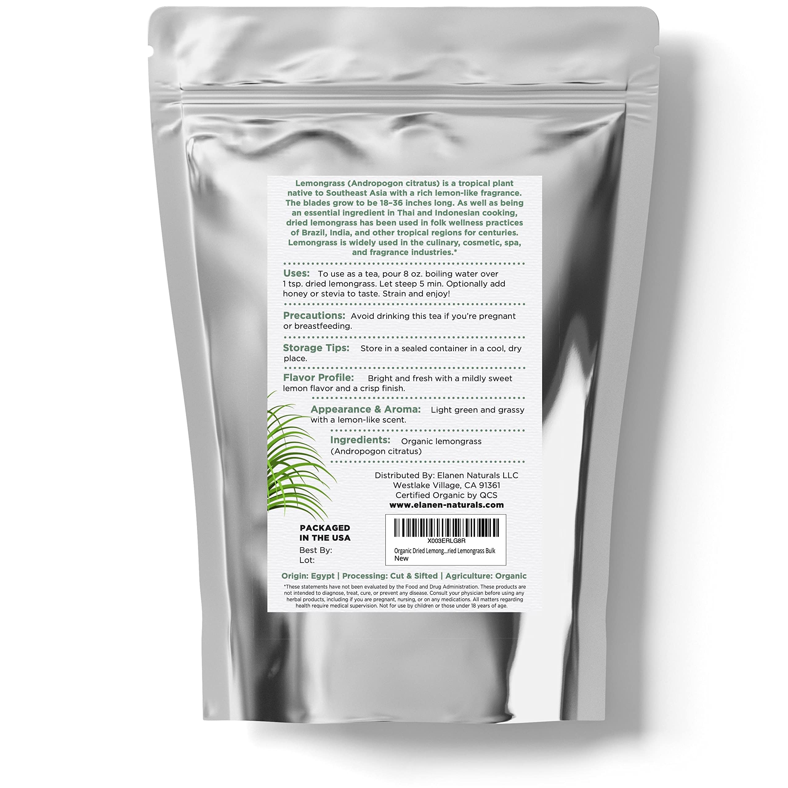 Organic Dried Lemongrass Tea 4 oz. (113g), USDA Certified Organic Lemon Grass Herbs Leaf, Lemin Grass, Te De Limon, Fever Grass, Lemingrass Loose Leaves, Dried Lemongrass Bulk