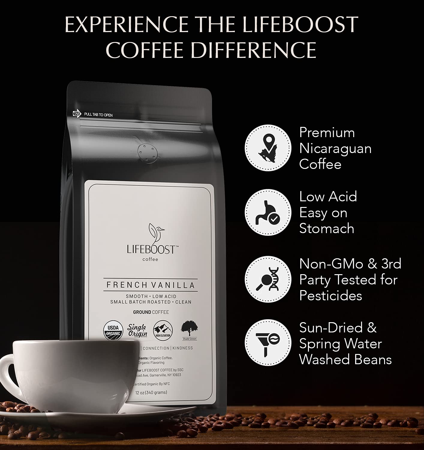 Lifeboost Coffee French Vanilla Ground Coffee - Low Acid Single Origin USDA Organic Coffee - Non-GMO Ground Coffee Beans Third Party Tested For Mycotoxins & Pesticides - 12 Ounces