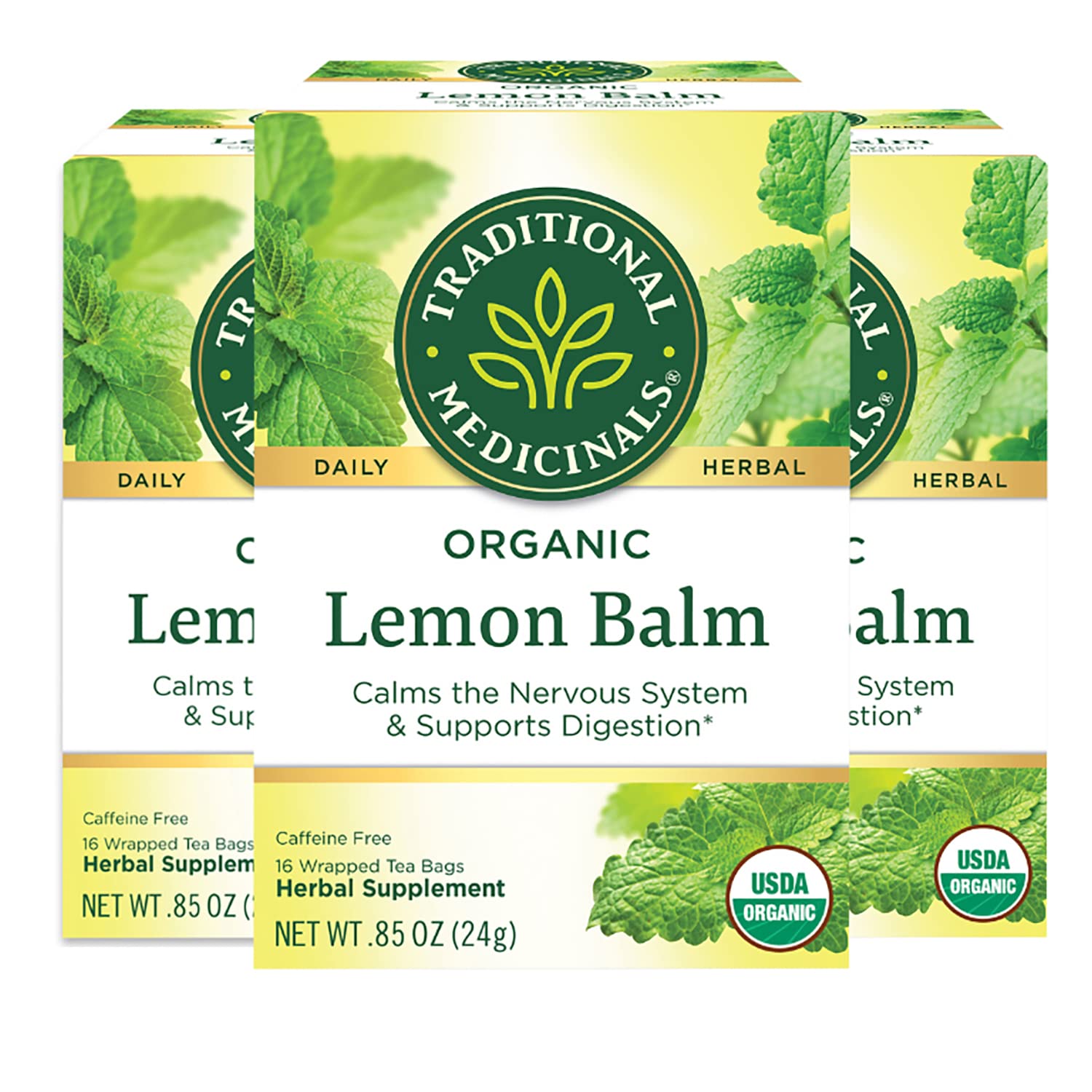 Traditional Medicinals Organic Lemon Balm Herbal Tea, Calming and Supports Digestion, (Pack of 3) - 48 Tea Bags Total