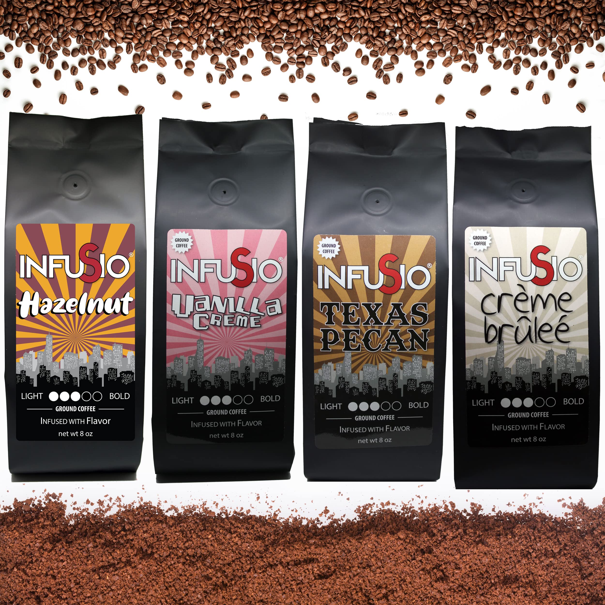 InfuSio Gourmet Ground Coffee, (64oz) Variety Pack, Eight 8oz Bags (Pack of 8) - 4lbs Total - (French Roast/Colombian/City Roast/Costa Rica) With Flavored Blends (Pecan/Hazelnut/Vanilla/Creme Brulee)