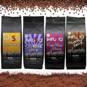 InfuSio Gourmet Ground Coffee, (64oz) Variety Pack, Eight 8oz Bags (Pack of 8) - 4lbs Total - (French Roast/Colombian/City Roast/Costa Rica) With Flavored Blends (Pecan/Hazelnut/Vanilla/Creme Brulee)