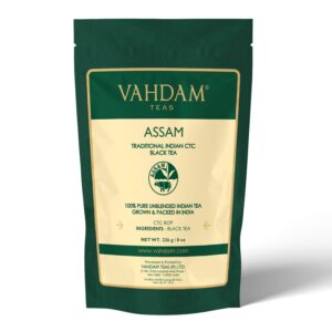 vahdam premium ctc assam black tea & english breakfast tea- strong, full bodied, bold,& delicious| perfect for kombucha, indian tea, iced tea & irish breakfast tea (assam ctc tea, bulk pack 226g)