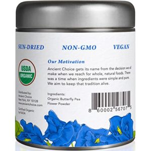 Ancient Choice - Blue Matcha (50 grams) | USDA Organic | Butterfly Pea Flower Powder Tea | Medium Grind | Sun-dried in Thailand | Non-GMO | No Plastic | Non-Plastic Packaging | Gourmet Superfood