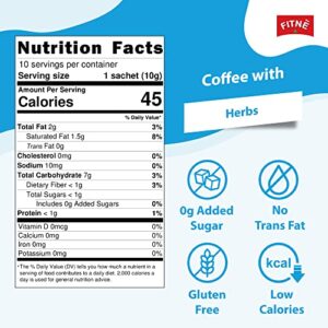 FITNE Instant 3 In 1 Coffee Packets Mix With Herbs Cinnamon Garcinia Safflower Spice Latte Smooth Blend No Sugar Sucralose Sweetener, 10 Sticks