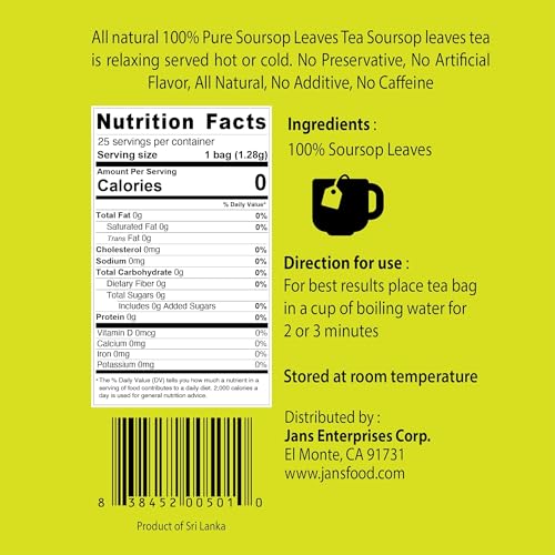 Jans 100% All Natural Soursop Graviola / Guanabana Leaves Tea (25 tea bags) | Cholesterol-Free, Sugar-Free, Fat-Free, Sodium-Free | Best Served Warm | Gental Herbal Aroma