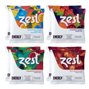 zest 135-150mg high caffeine energy leaf blends - variety mini sampler pack - black tea & green tea - 8 tea bags - natural strong flavored healthy coffee alternative highly caffeinated keto substitute