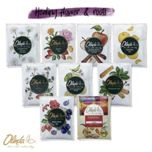 Olinda Healing Flowers & Roots Gift Box, 45 Tea Bags, Cinnamon Mint, Beauty, Chamomile, Lemon Blossom, Cinnamon Apple, Turmeric, Valerian, Stress Relief and Orange Teas - 1 box