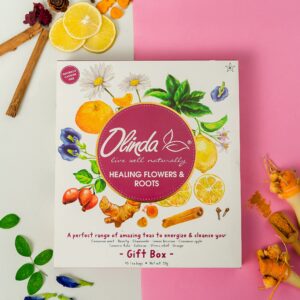 Olinda Healing Flowers & Roots Gift Box, 45 Tea Bags, Cinnamon Mint, Beauty, Chamomile, Lemon Blossom, Cinnamon Apple, Turmeric, Valerian, Stress Relief and Orange Teas - 1 box