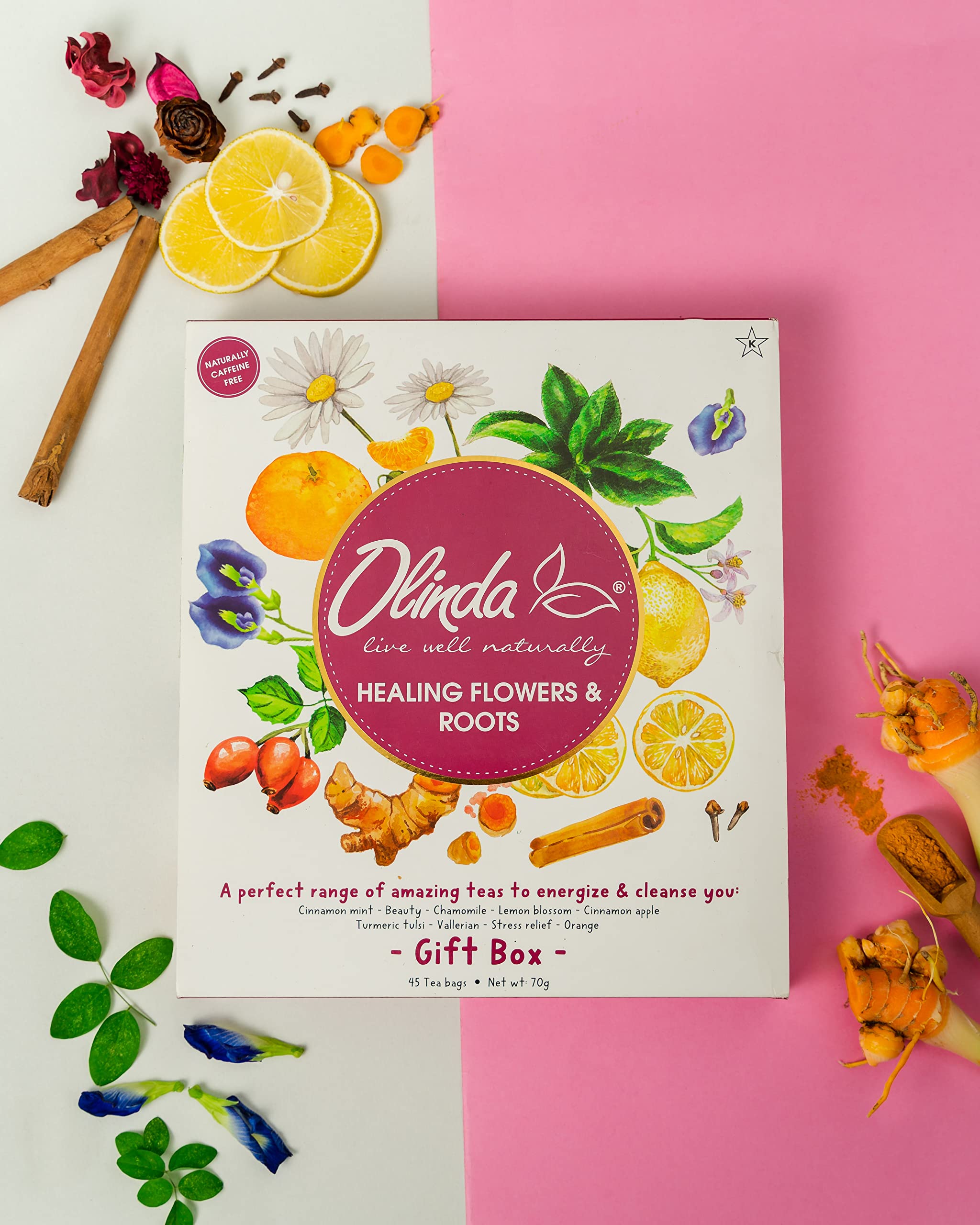 Olinda Healing Flowers & Roots Gift Box, 45 Tea Bags, Cinnamon Mint, Beauty, Chamomile, Lemon Blossom, Cinnamon Apple, Turmeric, Valerian, Stress Relief and Orange Teas - 1 box