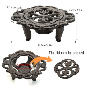 Sungmor Cast Iron Teapot Warmer Dish Cups Heater Pot Trivet - Rustic & Graceful Pattern Design with Tealight Holder - Heavy Duty & Decorative Candle Holder Stands for Heat Food Coffee Milk or Tea