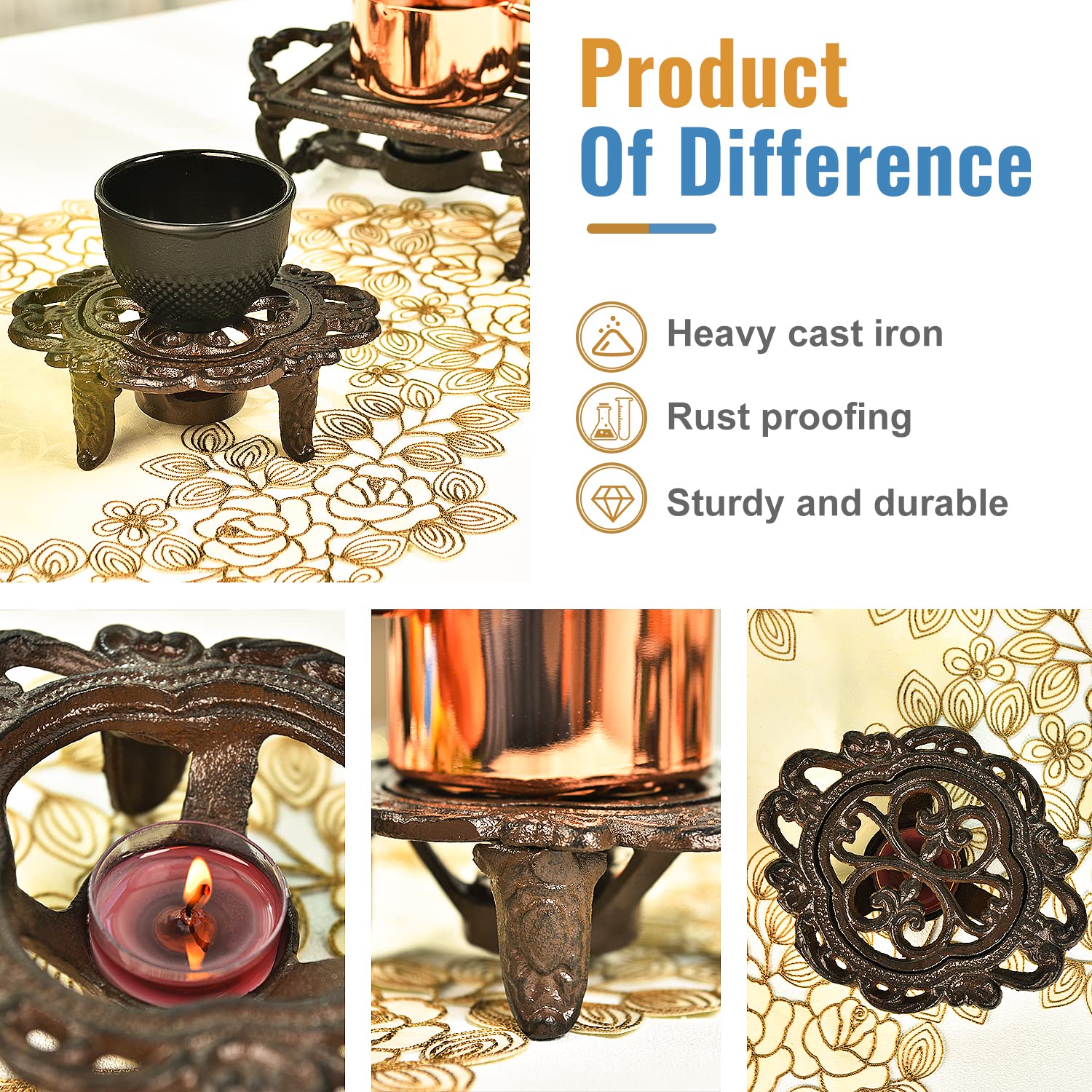 Sungmor Cast Iron Teapot Warmer Dish Cups Heater Pot Trivet - Rustic & Graceful Pattern Design with Tealight Holder - Heavy Duty & Decorative Candle Holder Stands for Heat Food Coffee Milk or Tea