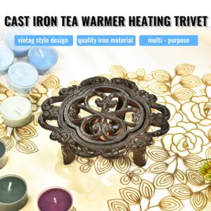 Sungmor Cast Iron Teapot Warmer Dish Cups Heater Pot Trivet - Rustic & Graceful Pattern Design with Tealight Holder - Heavy Duty & Decorative Candle Holder Stands for Heat Food Coffee Milk or Tea