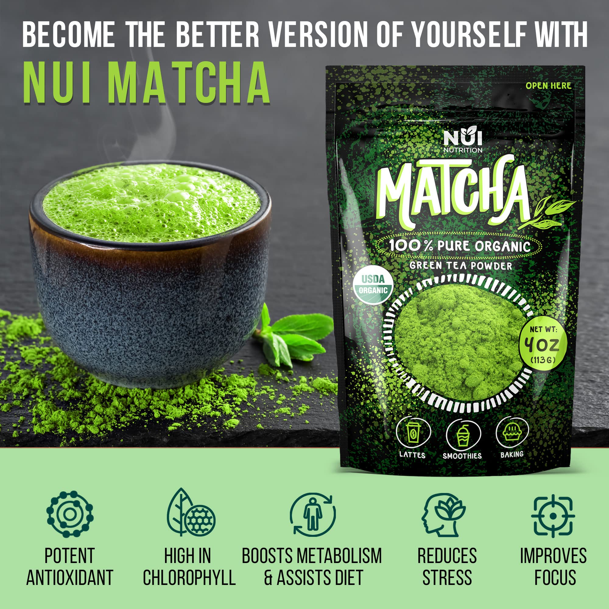 NUI Organic Matcha Green Tea Powder 100% Pure Premium Matcha for Latte, Smoothies and Baking 4 oz