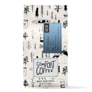 mt. comfort coffee decaf colombia medium roast, 12 ounce - flavor notes of chocolate, caramel and tropical fruit - sourced from small, colombian coffee farms - roasted whole beans