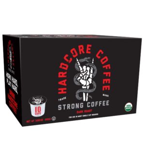 hardcore single serve coffee pods for keurig k cup brewers, high caffeine, strong roast, 10 count