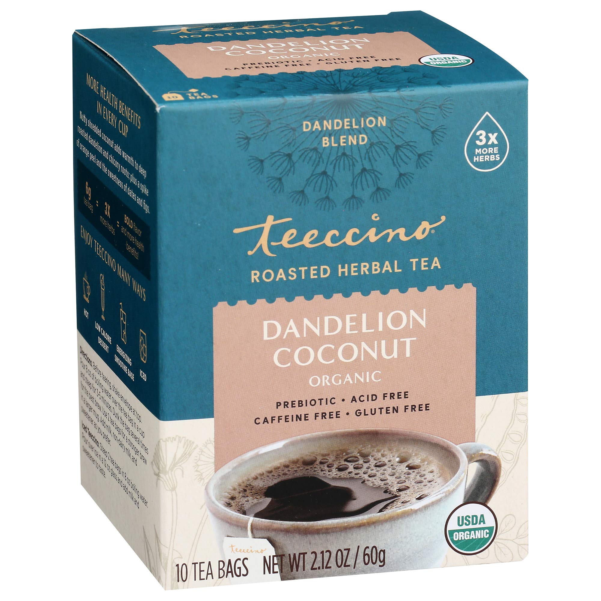 Teeccino Dandelion Coconut Tea - Caffeine Free, Roasted Herbal Tea with Prebiotics, 3x More Herbs than Regular Tea Bags, Gluten Free - 10 Tea Bags