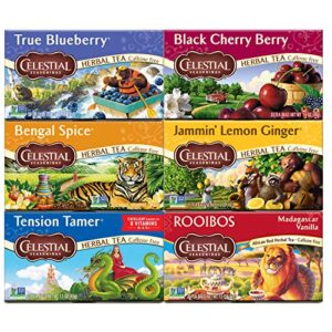 celestial seasonings herbal tea variety pack, herbal tea set with rooibos, blueberry, tension tamer, cherry berry, bengal spice, and lemon ginger tea, 20 caffeine free tea bags each (pack of 6)