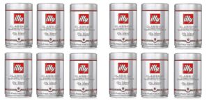 illy coffee, whole bean, medium roast, 100 percent arabica bean signature italian blend, premium gourmet roast pressurized fresh, 8.8oz can, 12 pack