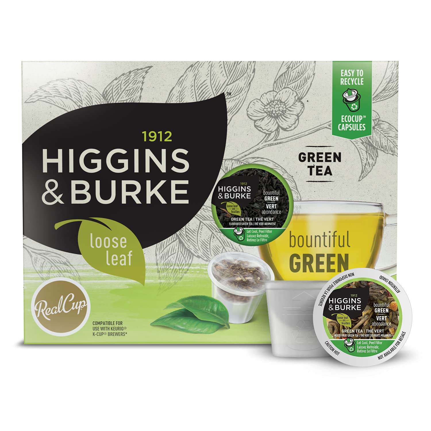 Higgins & Burke Bountiful Green, Loose Leaf, Green Tea, Keurig K-Cup Brewer Compatible Pods, 24 Count