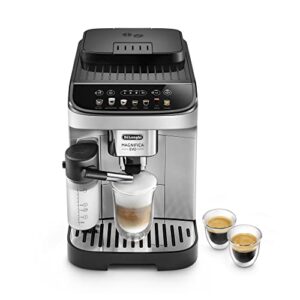 de'longhi magnifica evo with lattecrema system, fully automatic machine bean to cup espresso cappuccino and iced coffee maker, colored touch display,black, silver