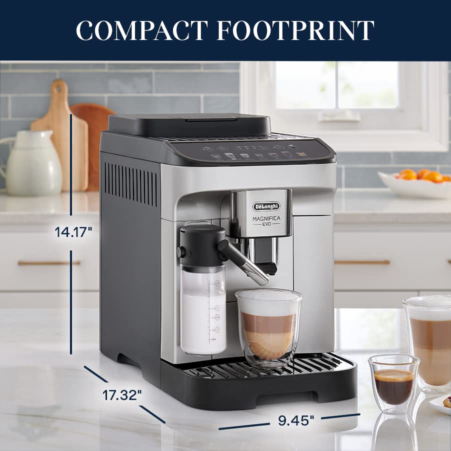 De'Longhi Magnifica Evo with LatteCrema System, Fully Automatic Machine Bean to Cup Espresso Cappuccino and Iced Coffee Maker, Colored Touch Display,Black, Silver