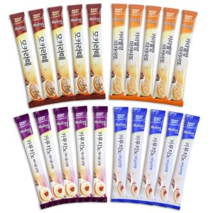 cutie mango maxim variety 20 sticks single serve premium korean instant coffee cappuccino vanilla &hazelnut mocha latte, caramel macchiato, 4 flavors packs sampler easy cut (5 sticks each)