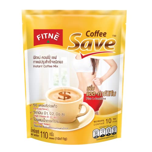 FITNE Instant 3 In 1 Coffee Packets Mix With L-Carnitine For Workout Exercise Vitamin B1 B2 B6 Smooth Blend No Sugar Sucralose Sweetener, 10 Sticks