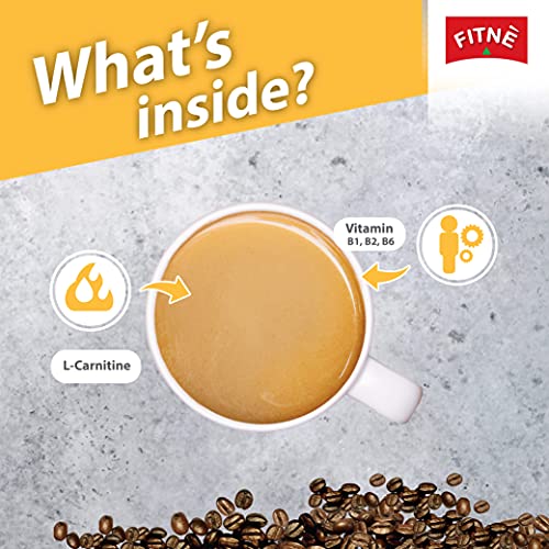 FITNE Instant 3 In 1 Coffee Packets Mix With L-Carnitine For Workout Exercise Vitamin B1 B2 B6 Smooth Blend No Sugar Sucralose Sweetener, 10 Sticks