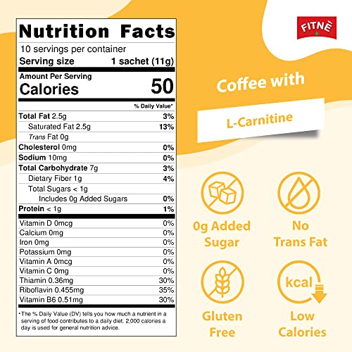 FITNE Instant 3 In 1 Coffee Packets Mix With L-Carnitine For Workout Exercise Vitamin B1 B2 B6 Smooth Blend No Sugar Sucralose Sweetener, 10 Sticks