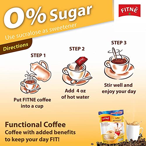 FITNE Instant 3 In 1 Coffee Packets Mix With L-Carnitine For Workout Exercise Vitamin B1 B2 B6 Smooth Blend No Sugar Sucralose Sweetener, 10 Sticks