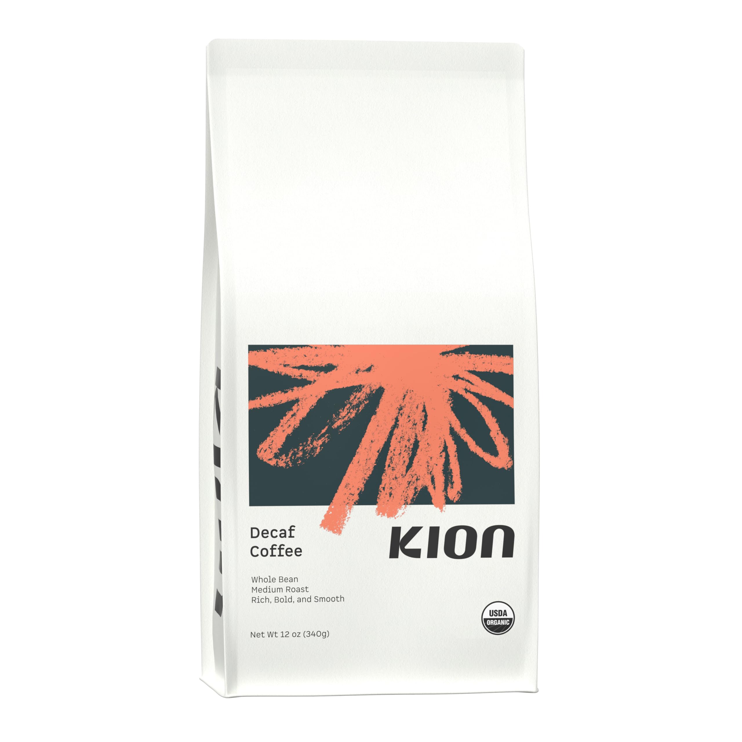 Kion Organic Decaf Whole Bean Coffee, Tested for Toxins, Ethically Sourced, Rich, Bold, and Smooth, Medium Roast 12 Oz (1 Pack)