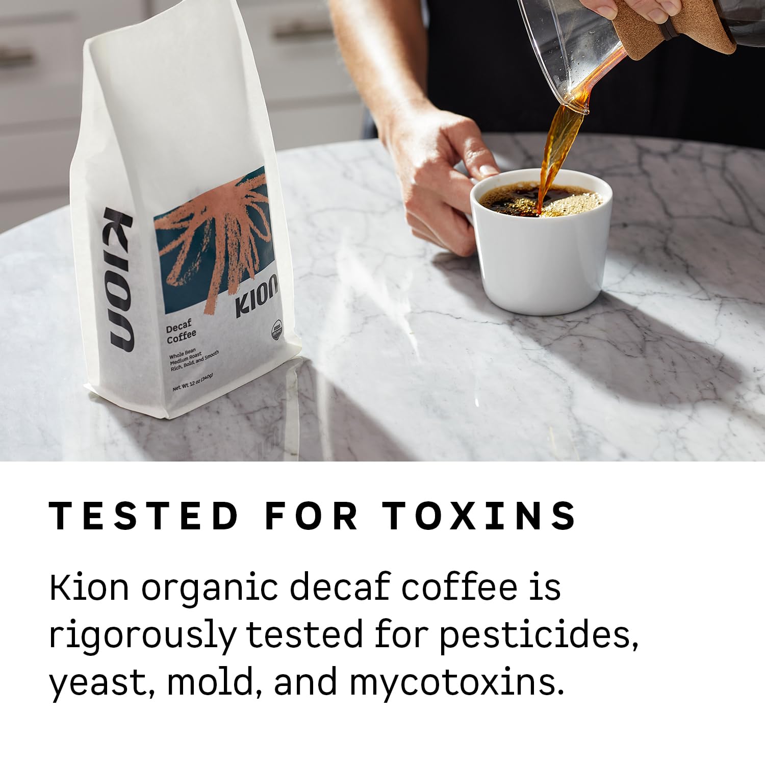 Kion Organic Decaf Whole Bean Coffee, Tested for Toxins, Ethically Sourced, Rich, Bold, and Smooth, Medium Roast 12 Oz (1 Pack)