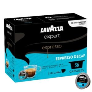 lavazza expert espresso decaf coffee capsules, full-bodied, medium roast, arabica, robusta, notes of chocolate, intensity 7 out of 13, espresso preparation, blended and roasted in italy, (36 capsules)