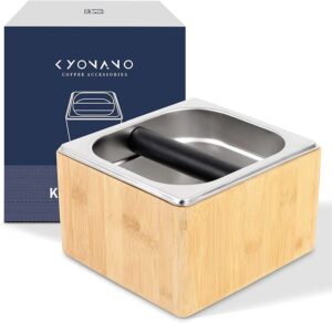 kyonano knock box, espresso accessories, espresso knock box, coffee knock box with durable knock bar and non-slip base, made of bamboo and stainless steel, knock boxes breville machine accessories