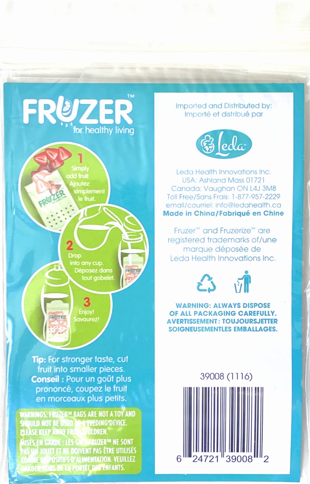 FRUZER Mini Disposable Fruit Infuser Bags (5 PK, each 8 Bags) Total 40 Bags - Refreshing & Beneficial - CLEAR & BPA-FREE