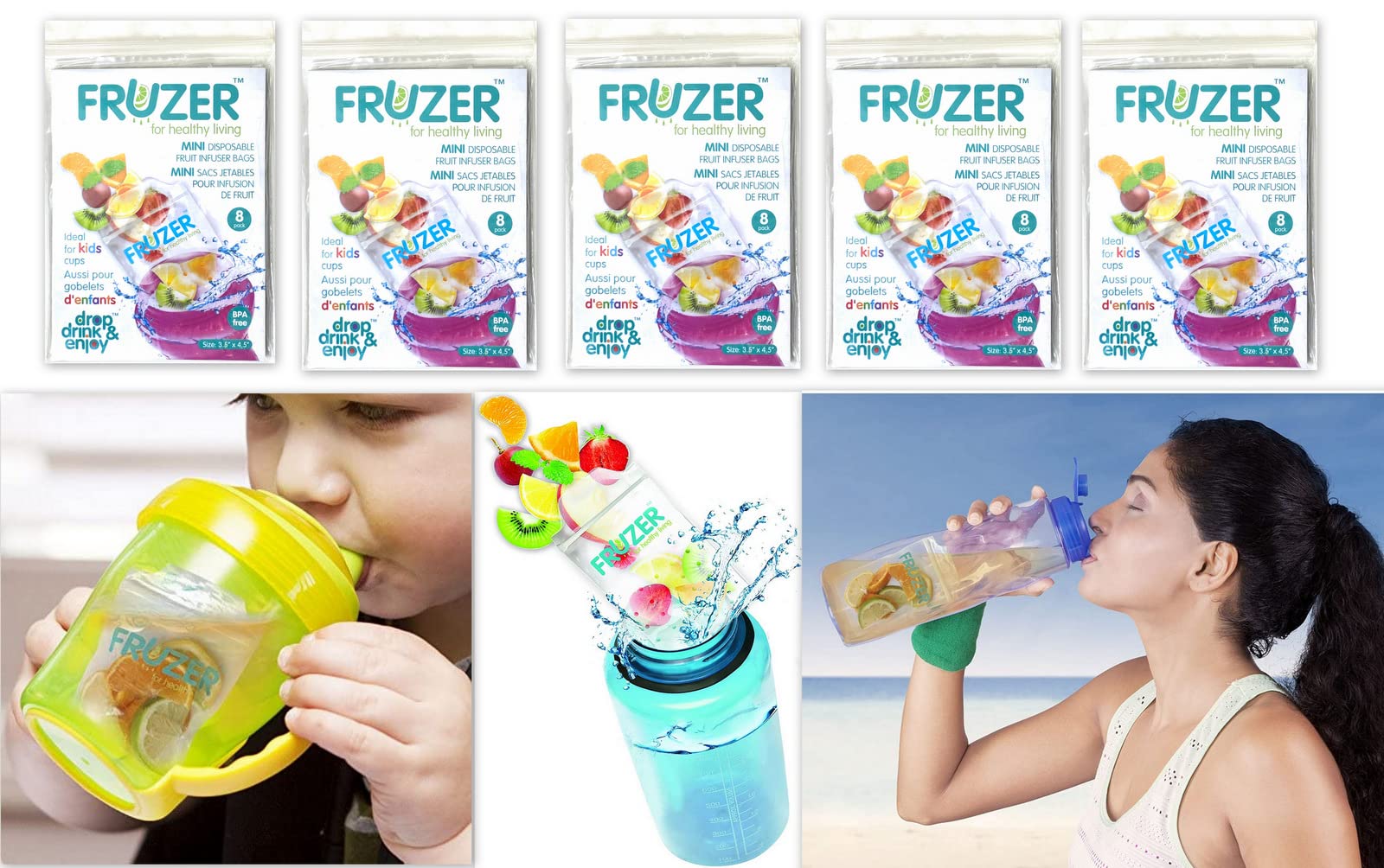 FRUZER Mini Disposable Fruit Infuser Bags (5 PK, each 8 Bags) Total 40 Bags - Refreshing & Beneficial - CLEAR & BPA-FREE