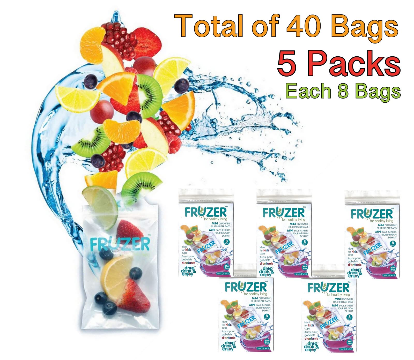 FRUZER Mini Disposable Fruit Infuser Bags (5 PK, each 8 Bags) Total 40 Bags - Refreshing & Beneficial - CLEAR & BPA-FREE