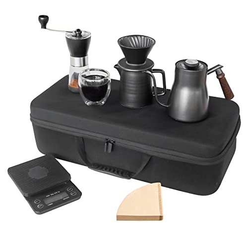 SOTECH Pour Over Coffee Maker Gift Set, All in 1 Coffee Kits- 304 Stainless Steel Kettle with Thermometer,Coffee Grinder, Coffee Dripper & Server of Portable Travel Bag