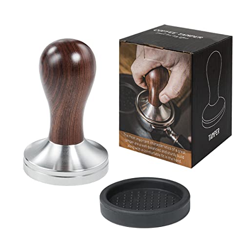 Coffee Tamper Espresso Press with Tamper Mat 304 Stainless Steel Flat Base Wooden Handle for Coffee Grounds Barista Espresso Machines Accessory (51MM)