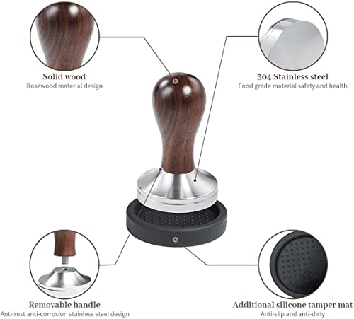 Coffee Tamper Espresso Press with Tamper Mat 304 Stainless Steel Flat Base Wooden Handle for Coffee Grounds Barista Espresso Machines Accessory (51MM)