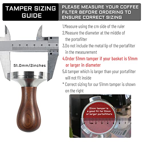 Coffee Tamper Espresso Press with Tamper Mat 304 Stainless Steel Flat Base Wooden Handle for Coffee Grounds Barista Espresso Machines Accessory (51MM)