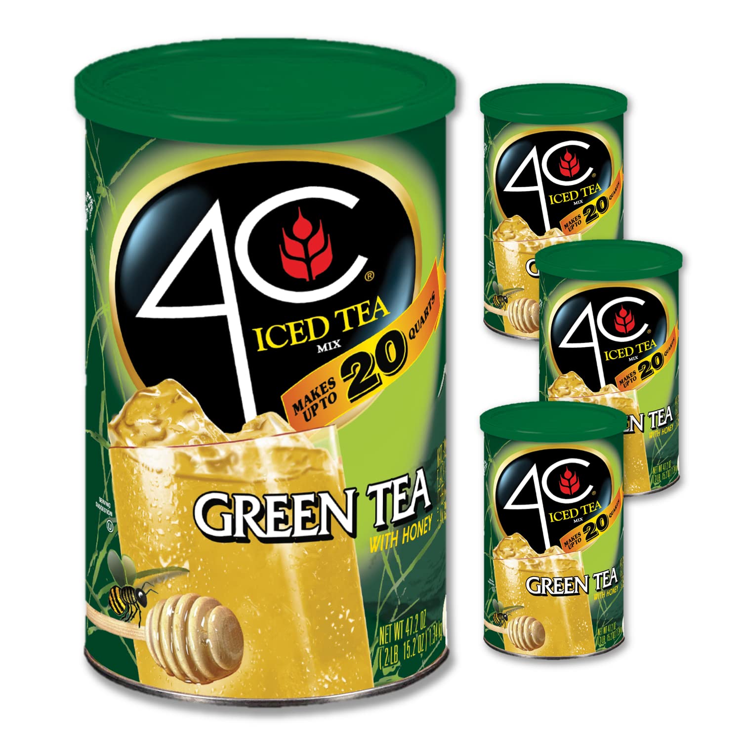 4C Powdered Drink Mix Cannisters, Green Tea 3 Pack, 20 Quarts, Family Sized Cannister, Thirst Quenching & Refreshing Flavors