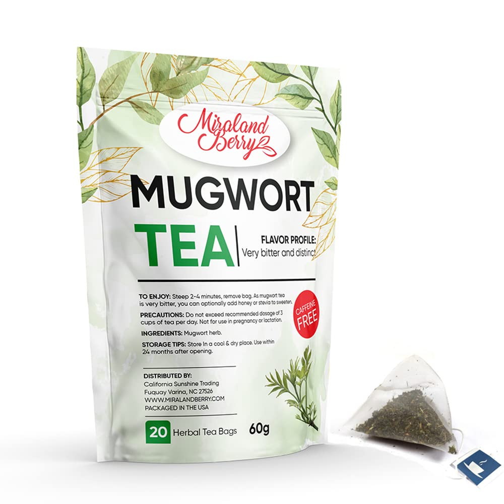 MiralandBerry Dried Mugwort Tea, 20 Individually Wrapped Sachets, Hand Picked Tea Leaves