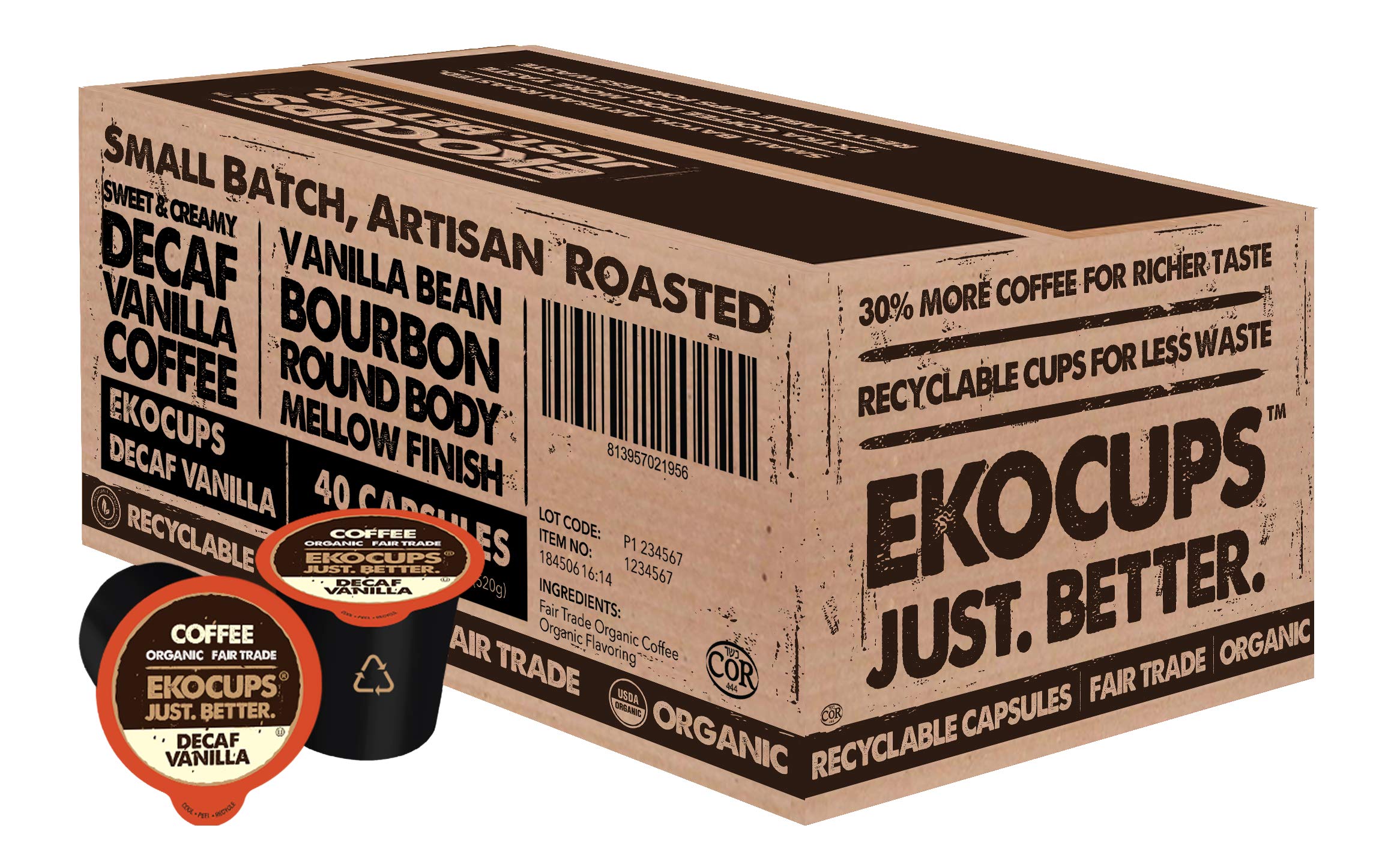 EKOCUPS Organic Swiss Water Decaf French Vanilla Flavored Coffee Pods, Extra 30% More Coffee, Fair Trade Medium Roast, Decaf Vanilla Coffee for Keurig K Cup Machines, Recyclable Pods, 40 Count