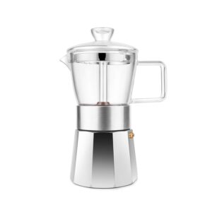 geesta moka pot premium crystal glass-top stovetop espresso moka pot - 6 cup - coffee maker, 240ml/8.5oz/6 cup (espresso cup=40ml) coffee lover gifts ideas