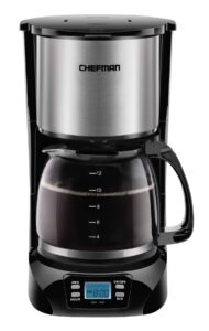 chefman 12-cup programmable coffee maker, electric brewer, auto shut off, lcd display with auto-brew function, anti-drip pot, reusable filter for fresh grounds, round stainless steel, glass carafe