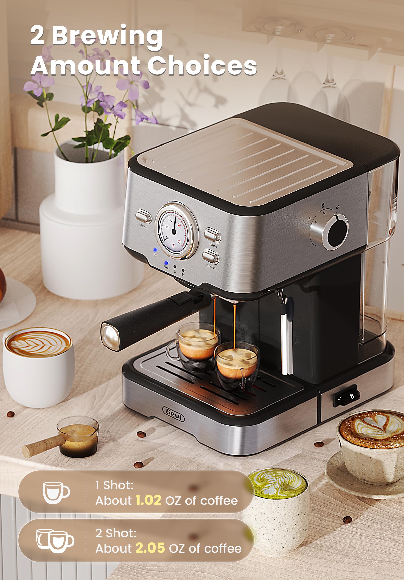 Gevi Espresso Machine High Pressure,compact espresso machines with Milk Frother Steam Wand,Professional Coffee，Cappuccino,Espresso,Latte,Macchiato Maker for home,espresso maker