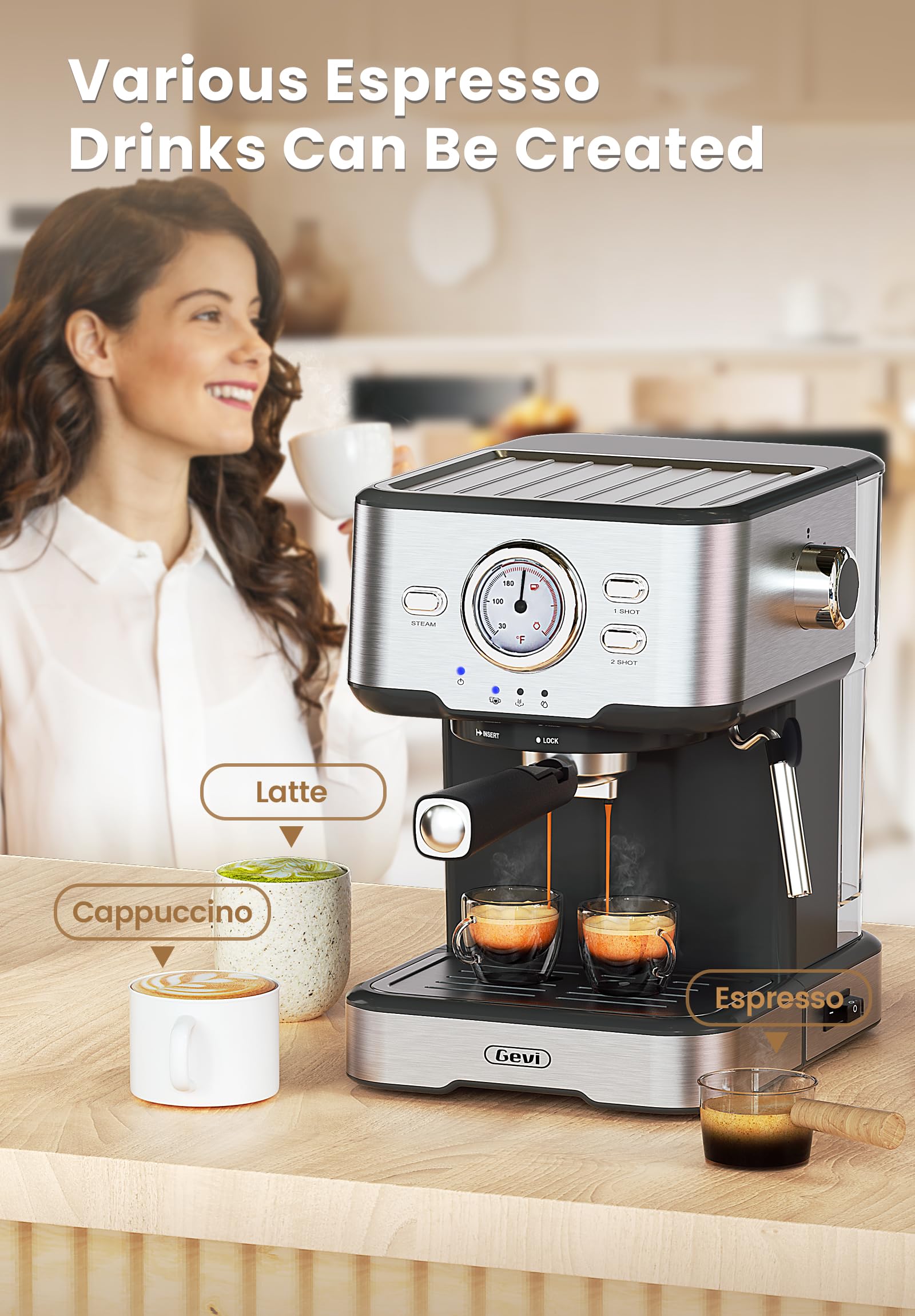 Gevi Espresso Machine High Pressure,compact espresso machines with Milk Frother Steam Wand,Professional Coffee，Cappuccino,Espresso,Latte,Macchiato Maker for home,espresso maker