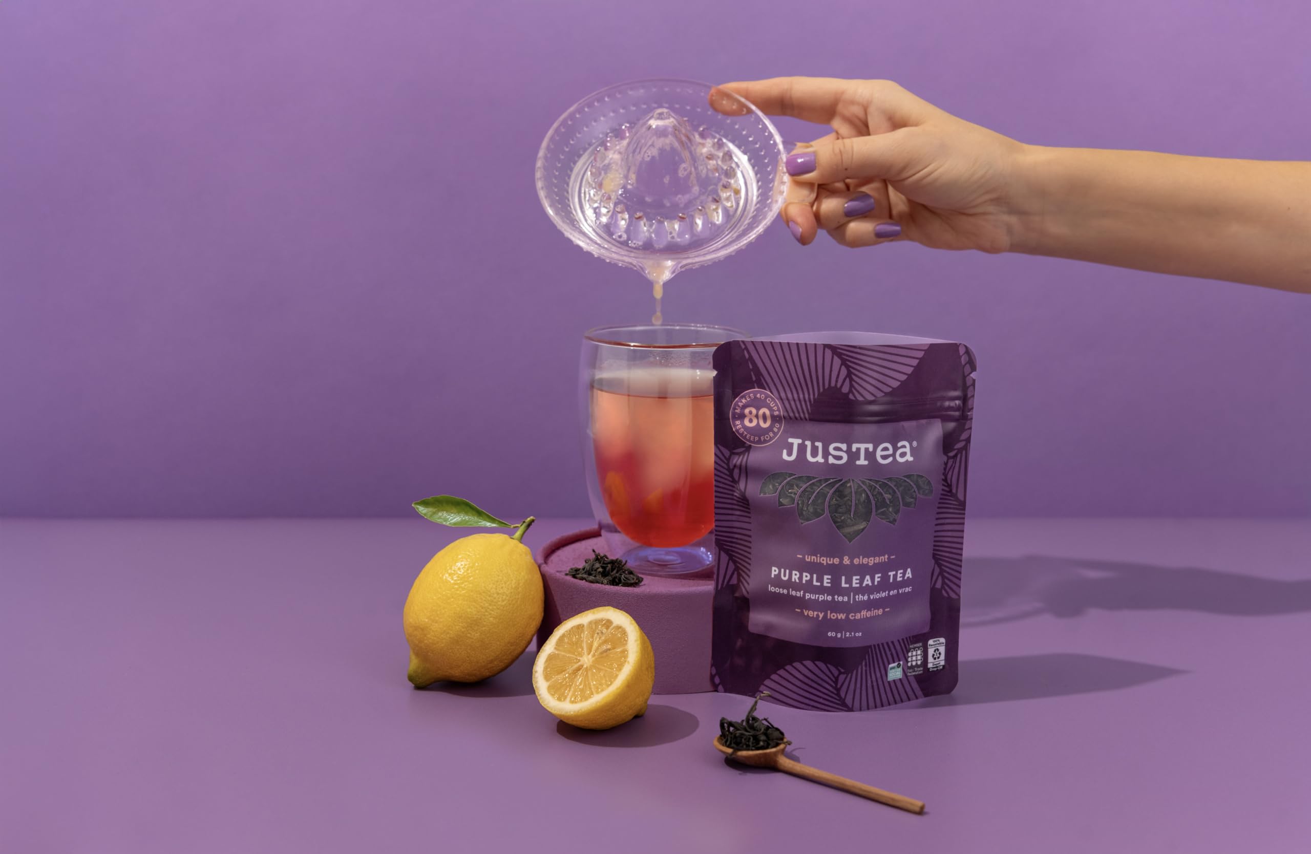 JusTea PURPLE LEAF TEA | Loose Leaf Purple Tea | Recyclable Refill Pouch | 40+ Cups (2.1oz) | Low Caffeine | Award-Winning | Fair Trade | Non-GMO