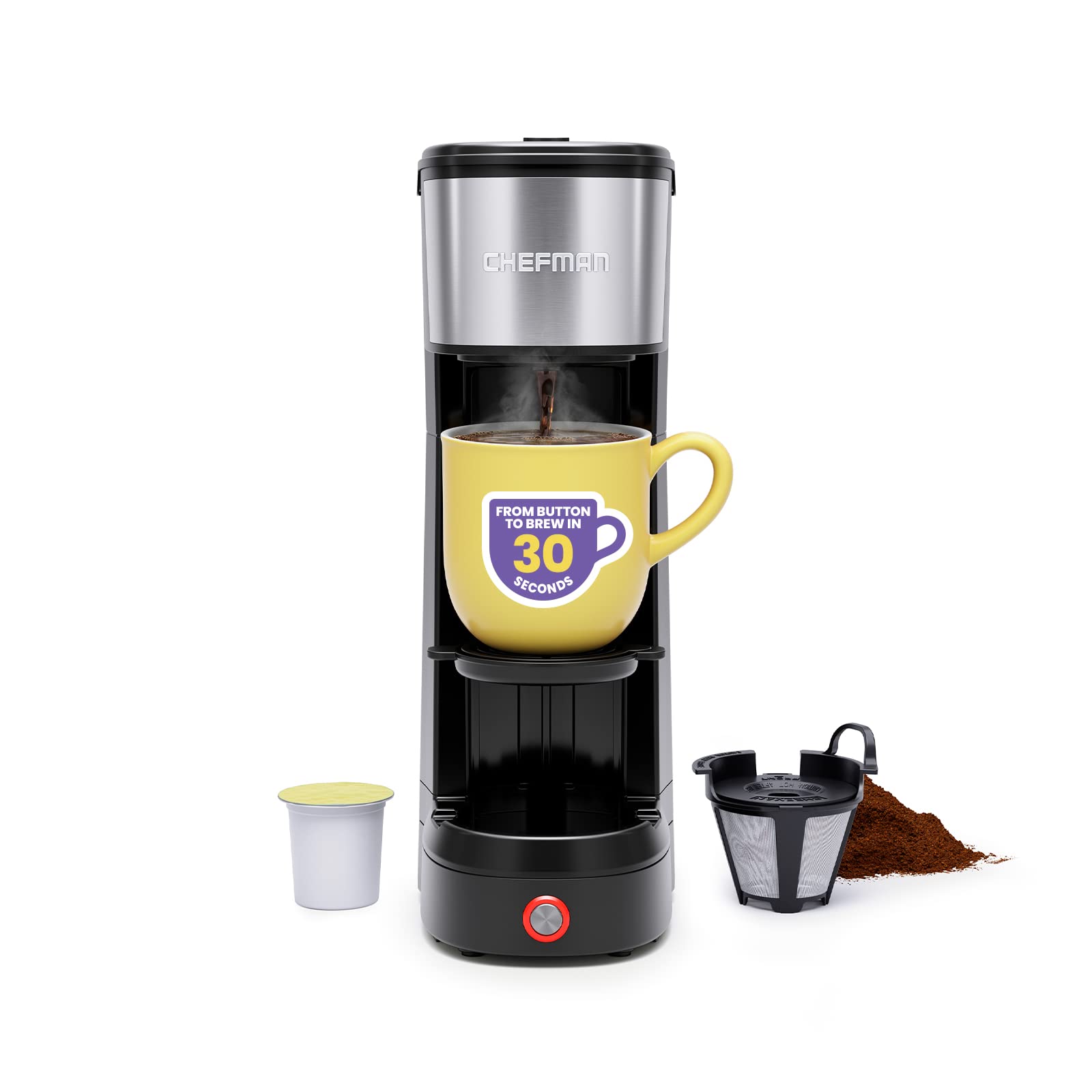 Chefman InstaCoffee Max, The Easiest Way to Brew the Boldest Single-Serve Coffee, Use Fresh And Flavorful Grounds or K-Cups With A Convenient Built-In Lift, Black/Stainless Steel